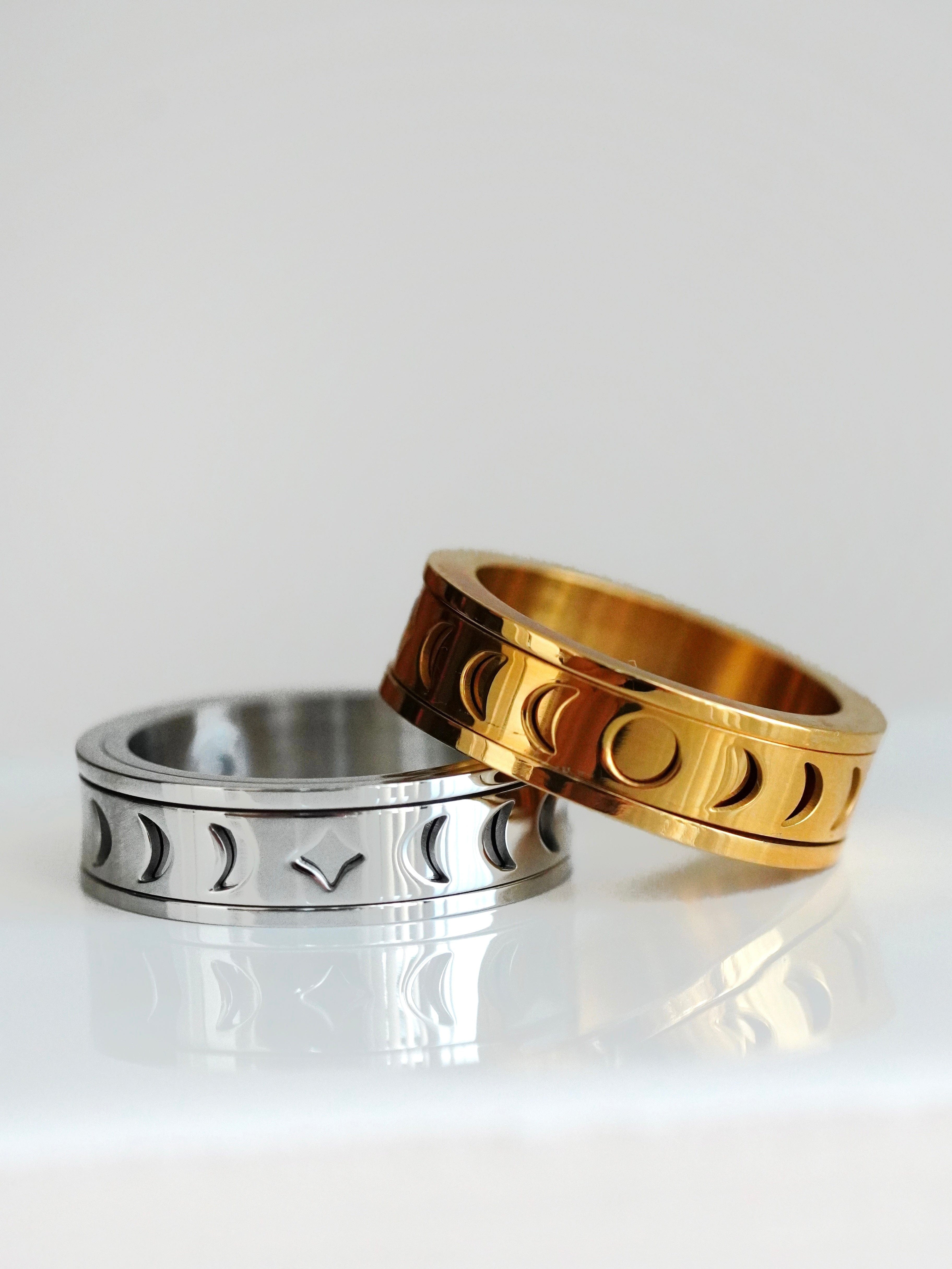 Luna Ring 14k gold plated water resistant gold spinner band moon phase ...